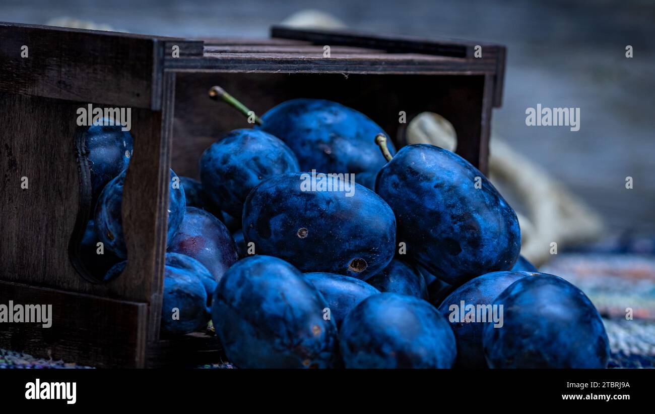 Ripe blue plums in a wooden crate in a rustic composition Stock Photo ...