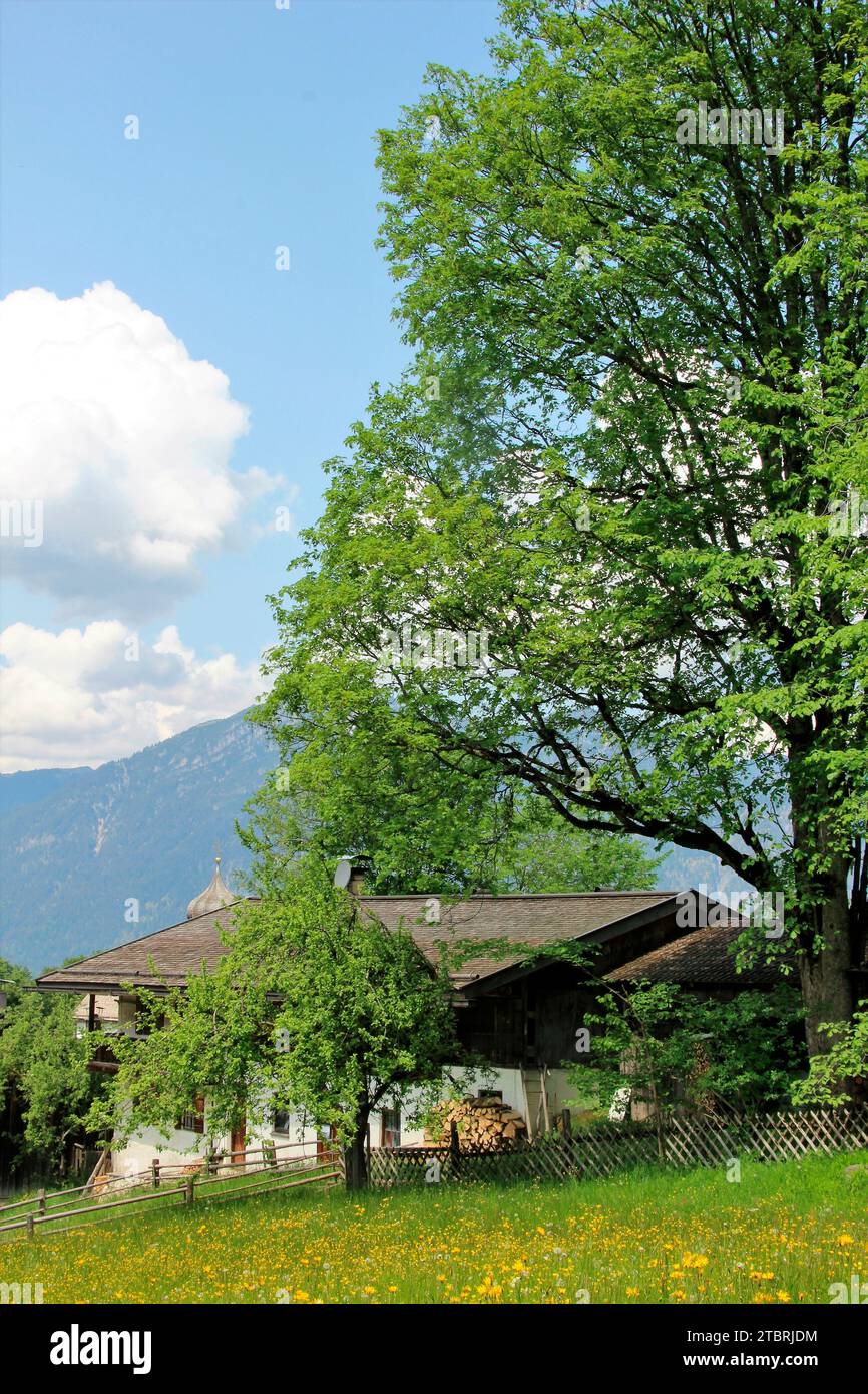 Kirchdorf Wamberg, village view with farm, district of Garmisch ...