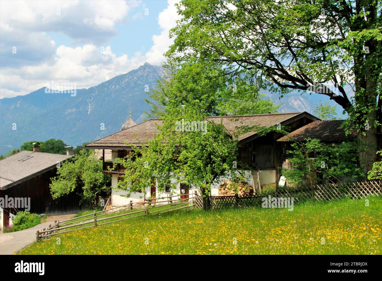 Kirchdorf Wamberg, village view with farm, district of Garmisch ...