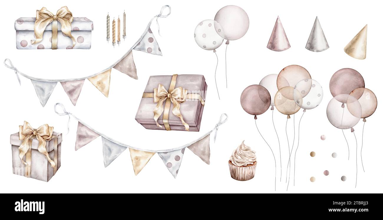 Happy Birthday Watercolor set. Hand drawn collection with gift boxes ...