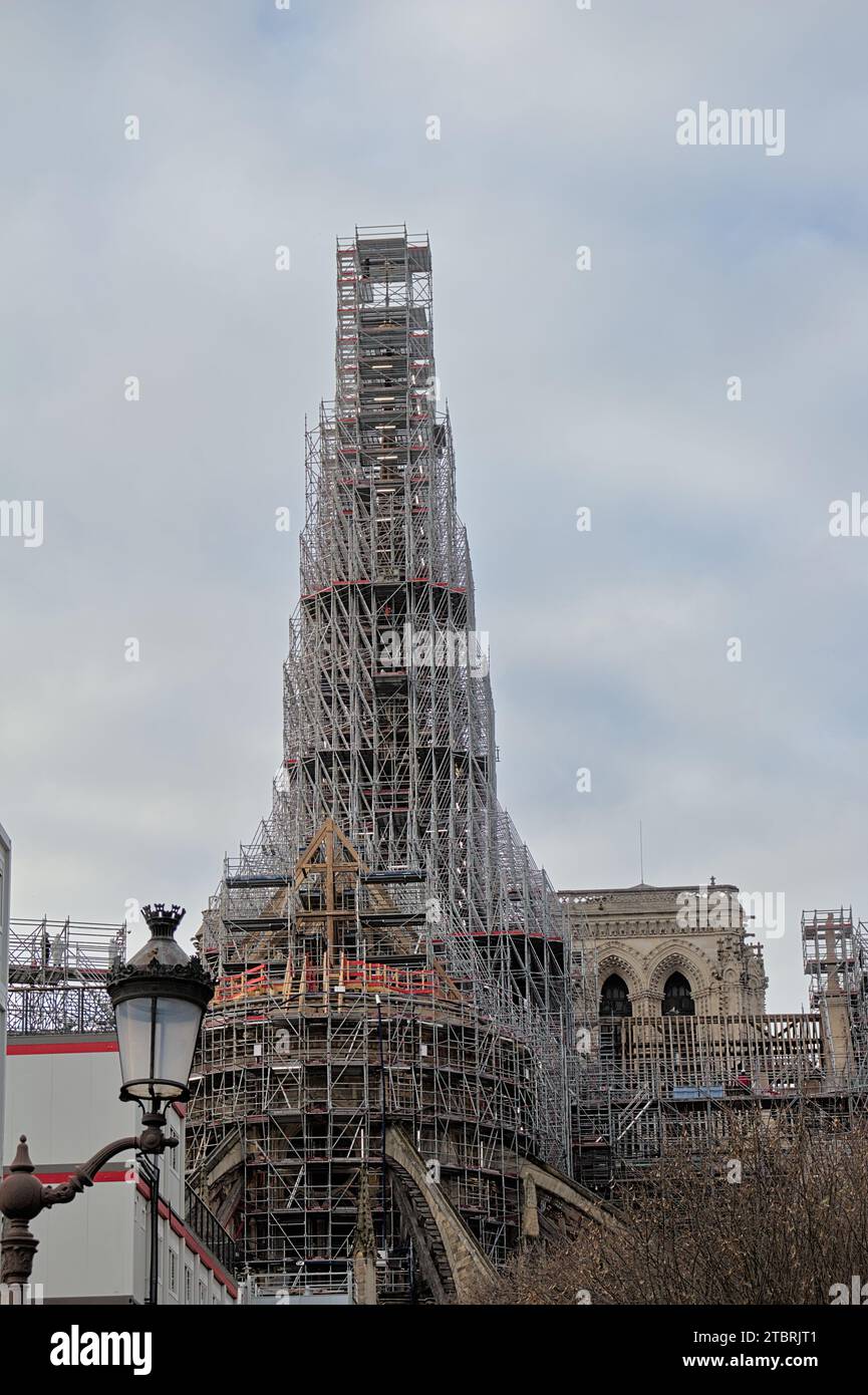 Scaffolding around the spire of Notre Dame Cathedral in Paris France ...