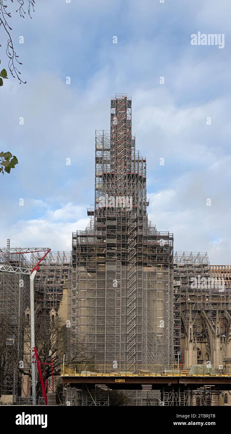 Scaffolding around the spire of Notre Dame Cathedral in Paris France ...