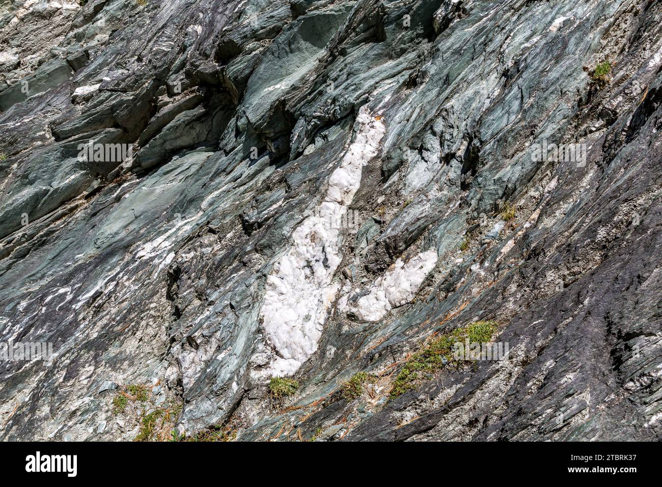 Greenish mica schist rock with marble layers, alpine path to the ...