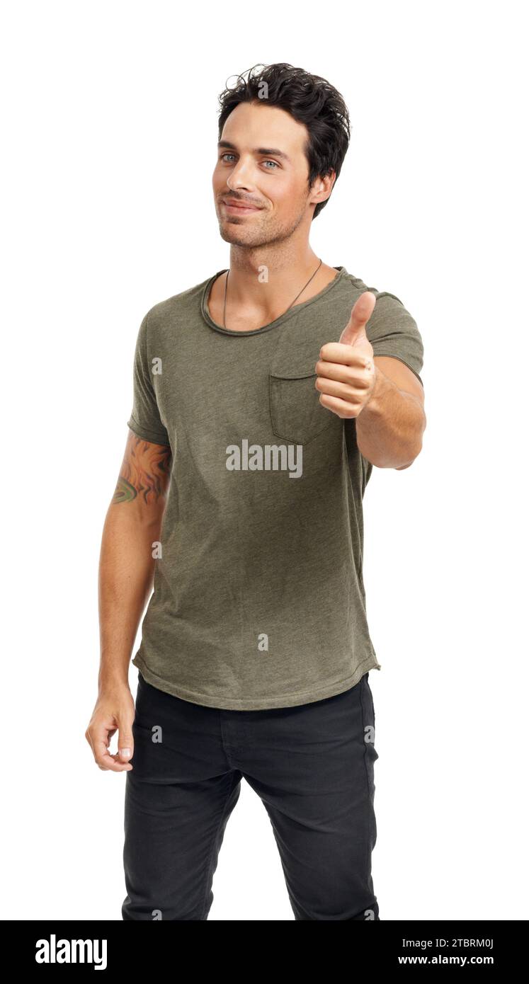 Smile, thumbs up and portrait of man in a studio for agreement, good or ...