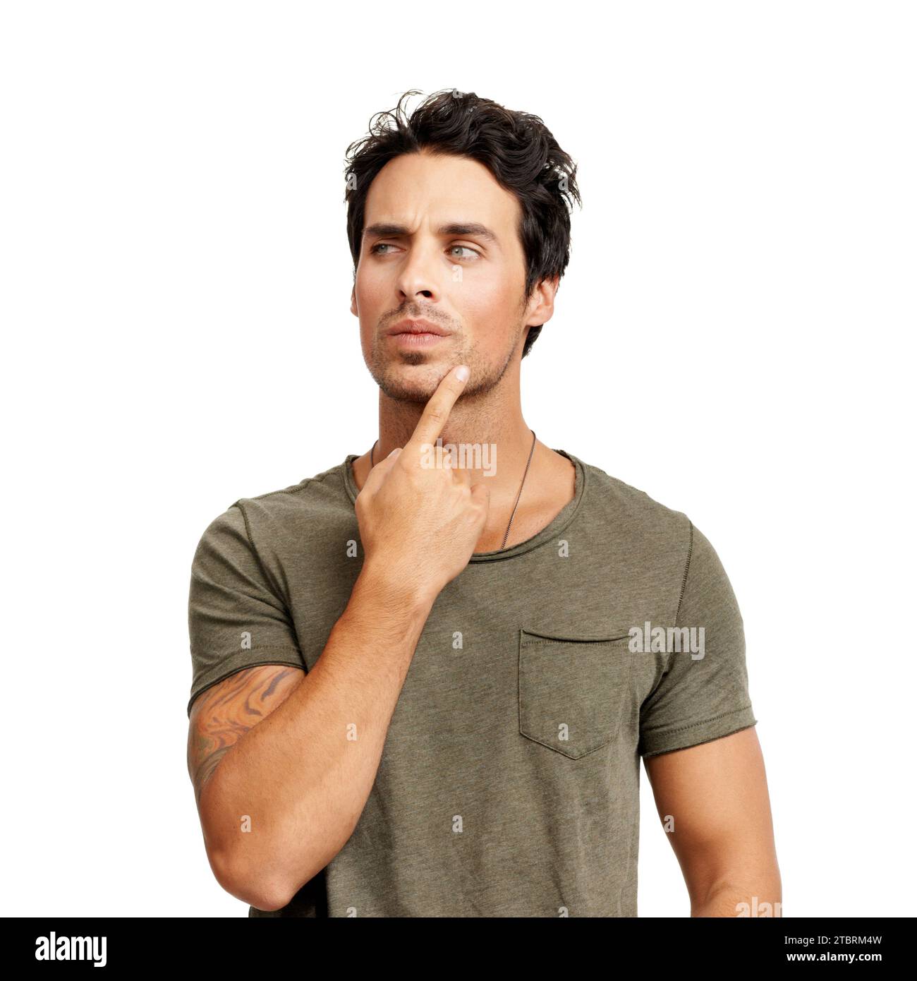 Thinking, question and young man in a studio for choice, decision or ...