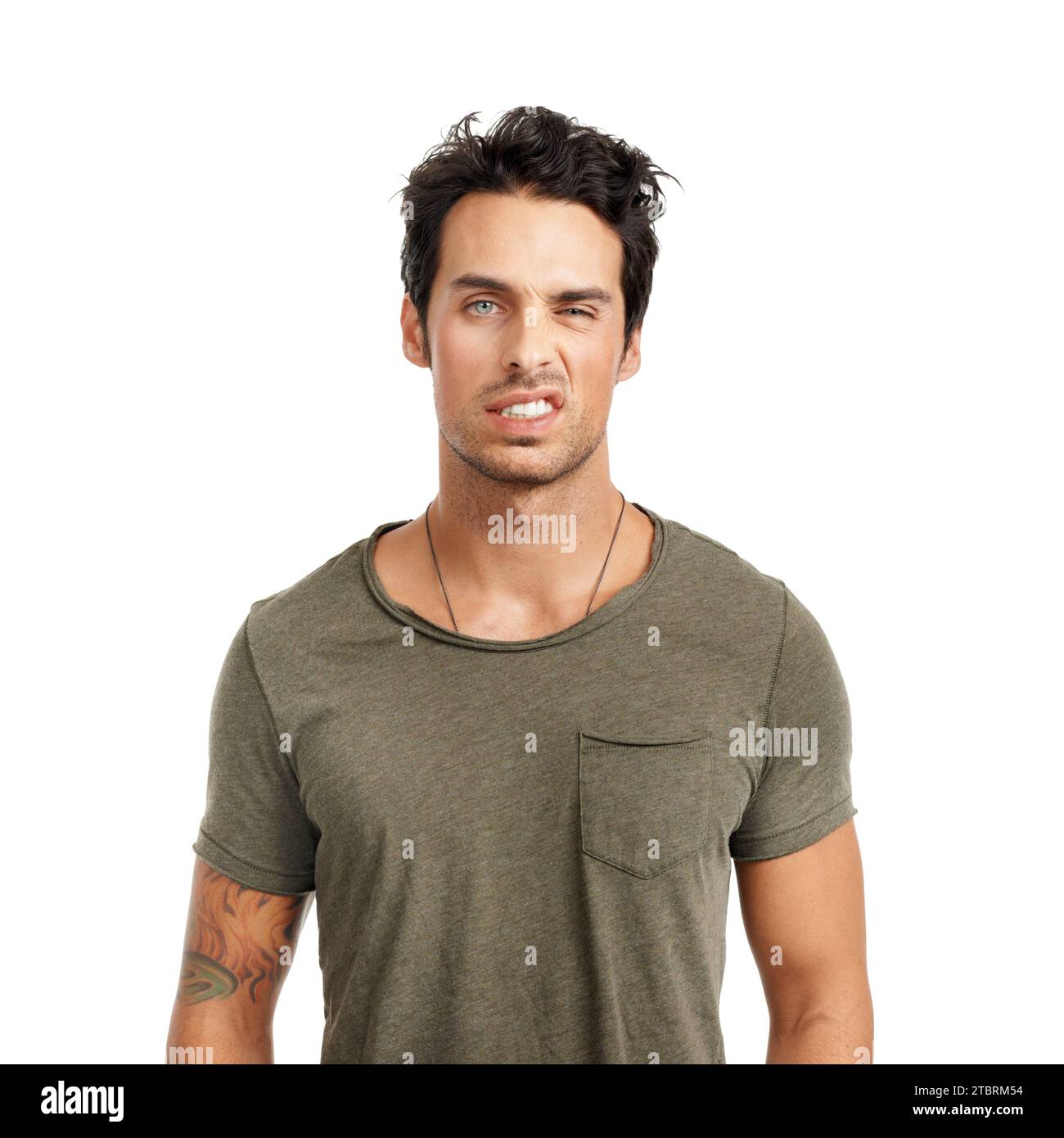 Goofy, crazy and portrait of man in a studio with a funny grin facial ...