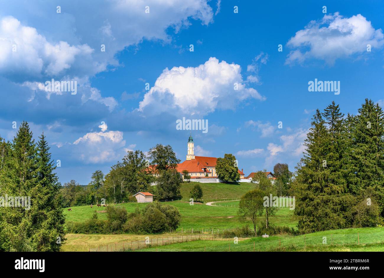 Germany, Bavaria, Tölzer Land, Sachsenkam, Cultural landscape with ...
