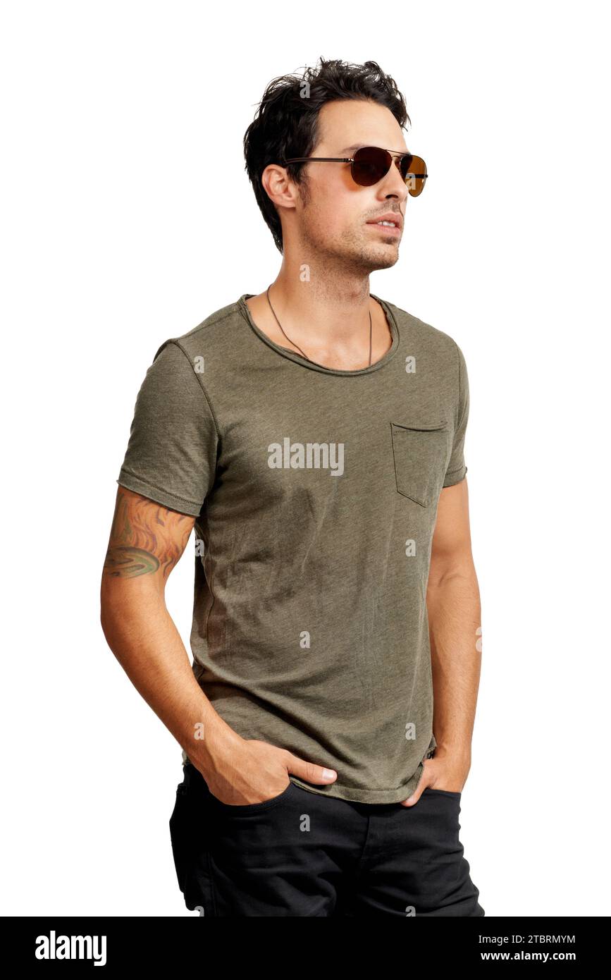 Handsome man, sunglasses and fashion in style for cool, mindset or ...