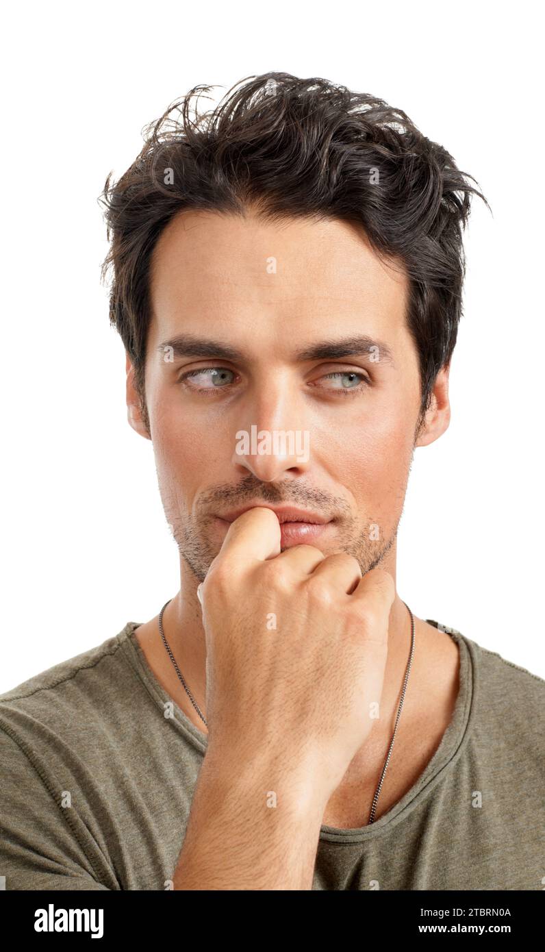 Thinking, ideas and young man in a studio for choice, decision or ...