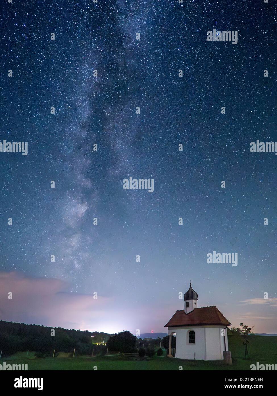 Night sky with Milky Way over a chapel in Upper Bavaria, Bavaria ...