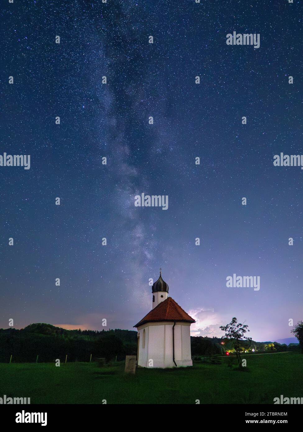 Night sky with Milky Way over a chapel in Upper Bavaria, Bavaria ...