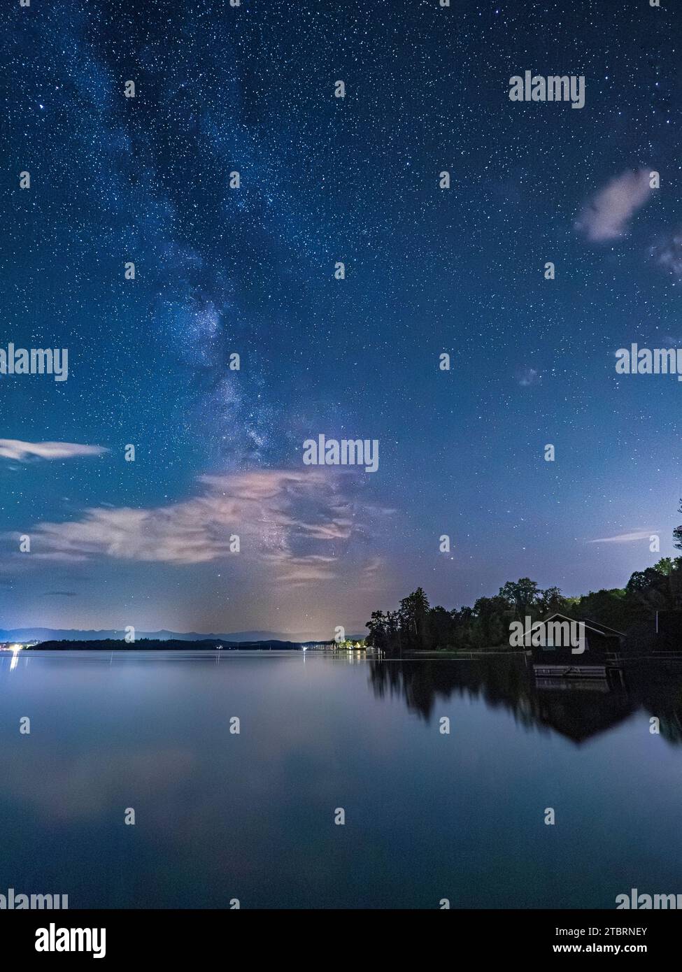Starry sky with Milky Way over Lake Starnberg, Bavaria, Germany, Europe ...
