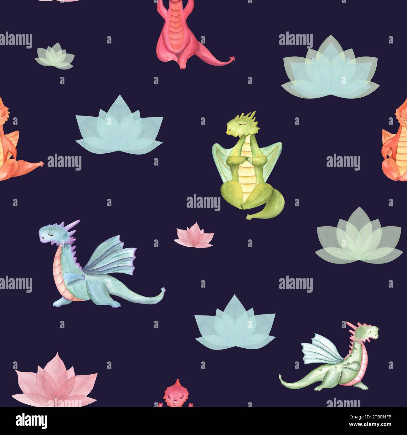 Seamless pattern of colored Dragons in various poses of yoga. Abstract ...
