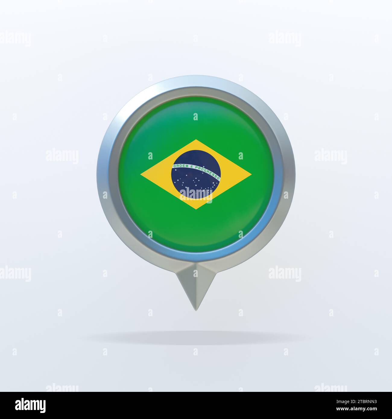 Metal icon of the national flag of Brazil with a location indicator. On ...