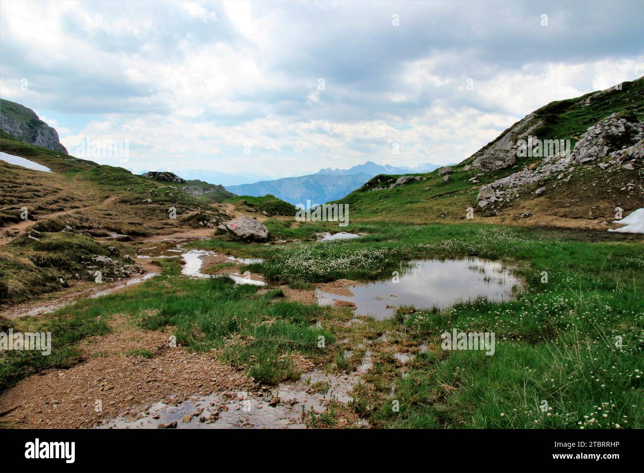 summer hike to the Rofanspitze, puddle of water at the edge of the ...