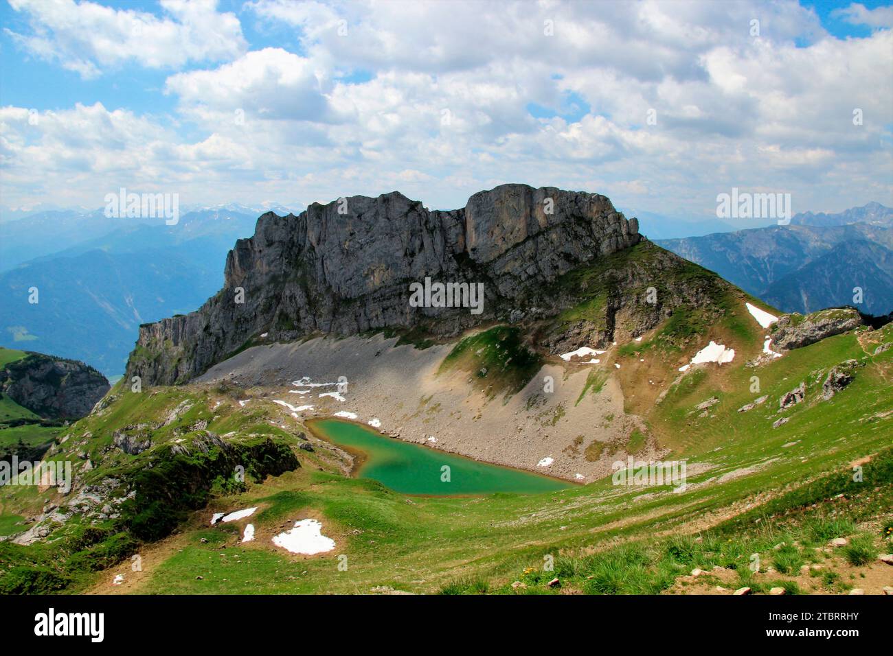 summer hike to the Rofanspitze, view of the Grubersee 2056m also called ...