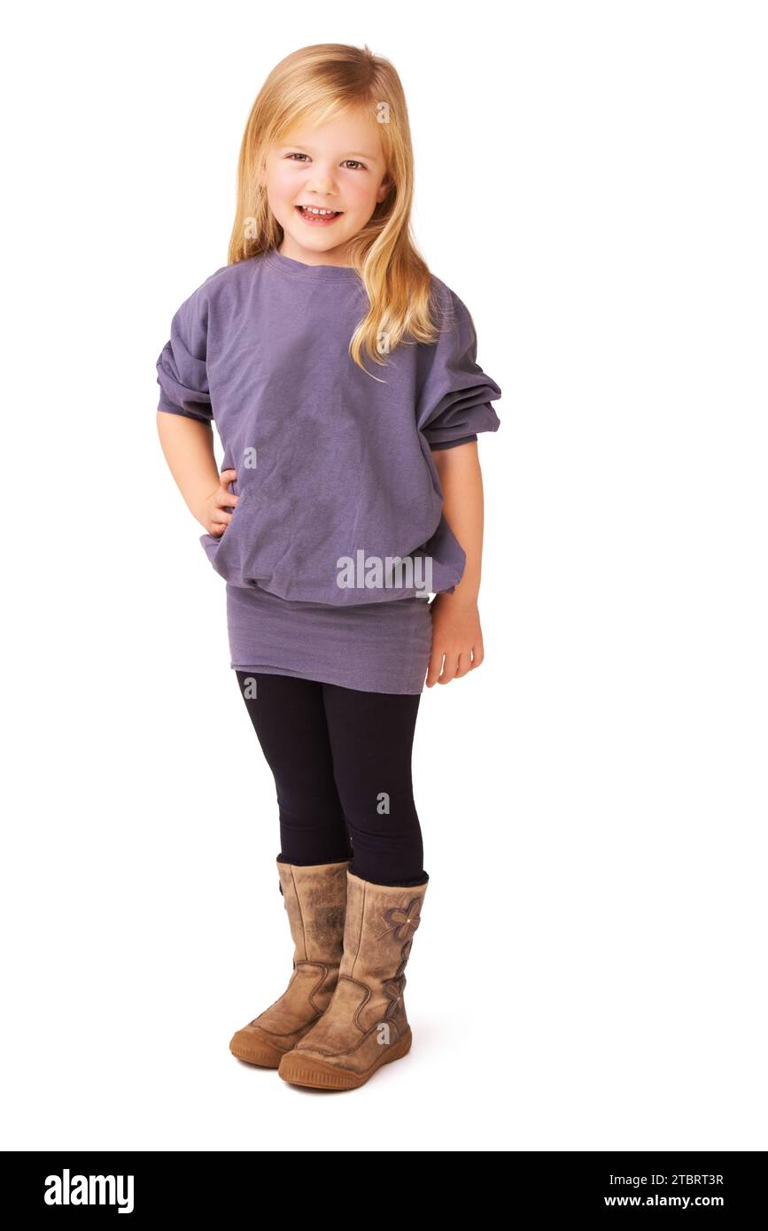 Smile, style and portrait of kid in studio with casual, cool and trendy ...