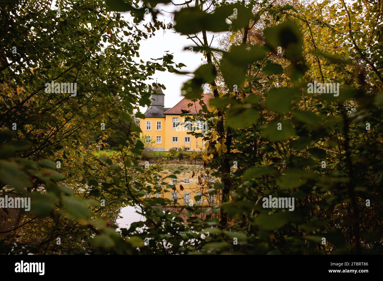 A view between the trees of the Vogelsang moated castle in Datteln ...