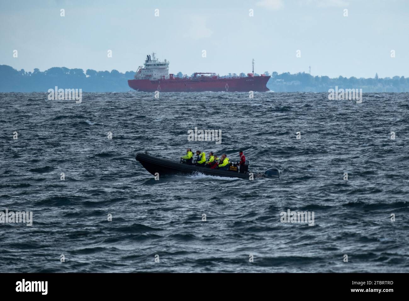 Whale watching dinghy and freighter in the oresund hi-res stock ...