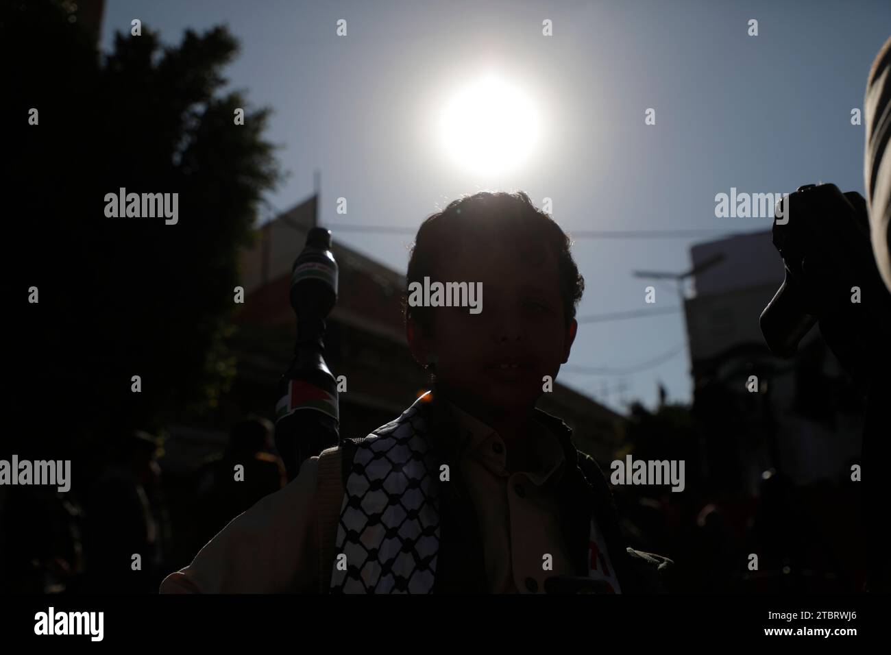 SANAA, Sanaa, Yemen. 8th Dec, 2023. A boy holds an mock RPG know the ...