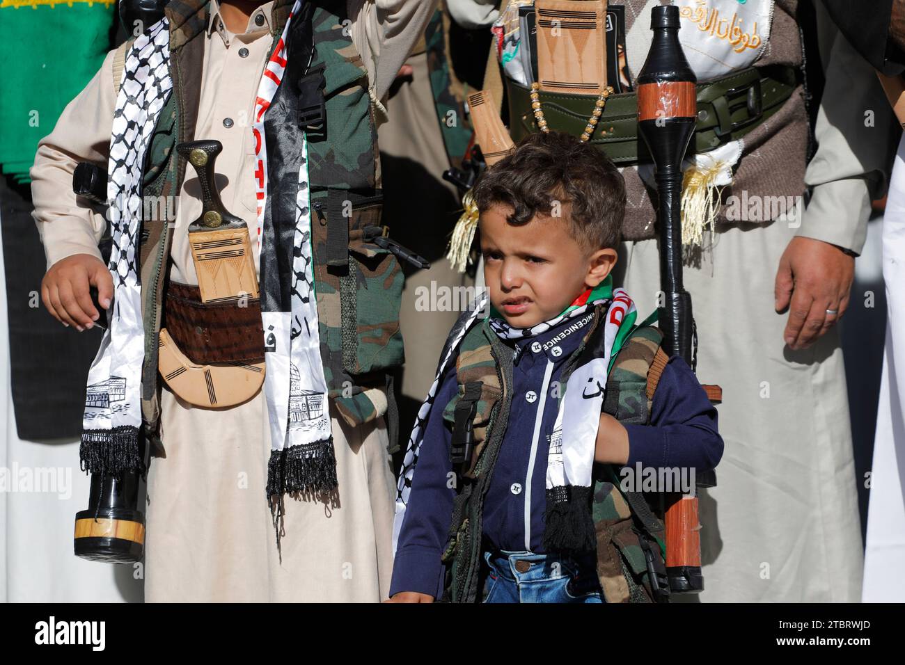 SANAA, Sanaa, Yemen. 8th Dec, 2023. A boy holds an mock RPG know the ...