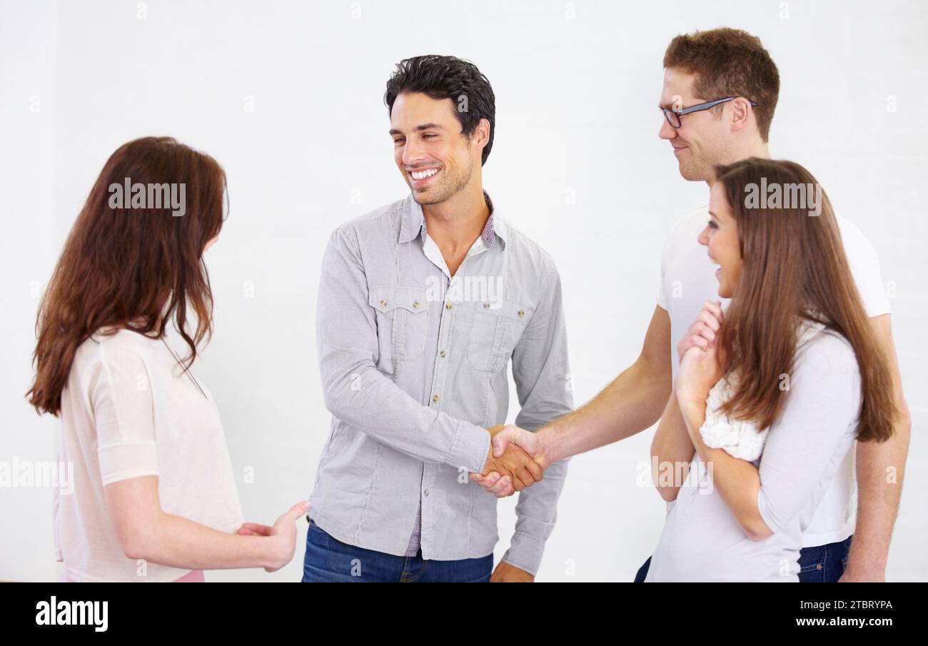 Happy business people, handshake and introduction for teamwork, success ...