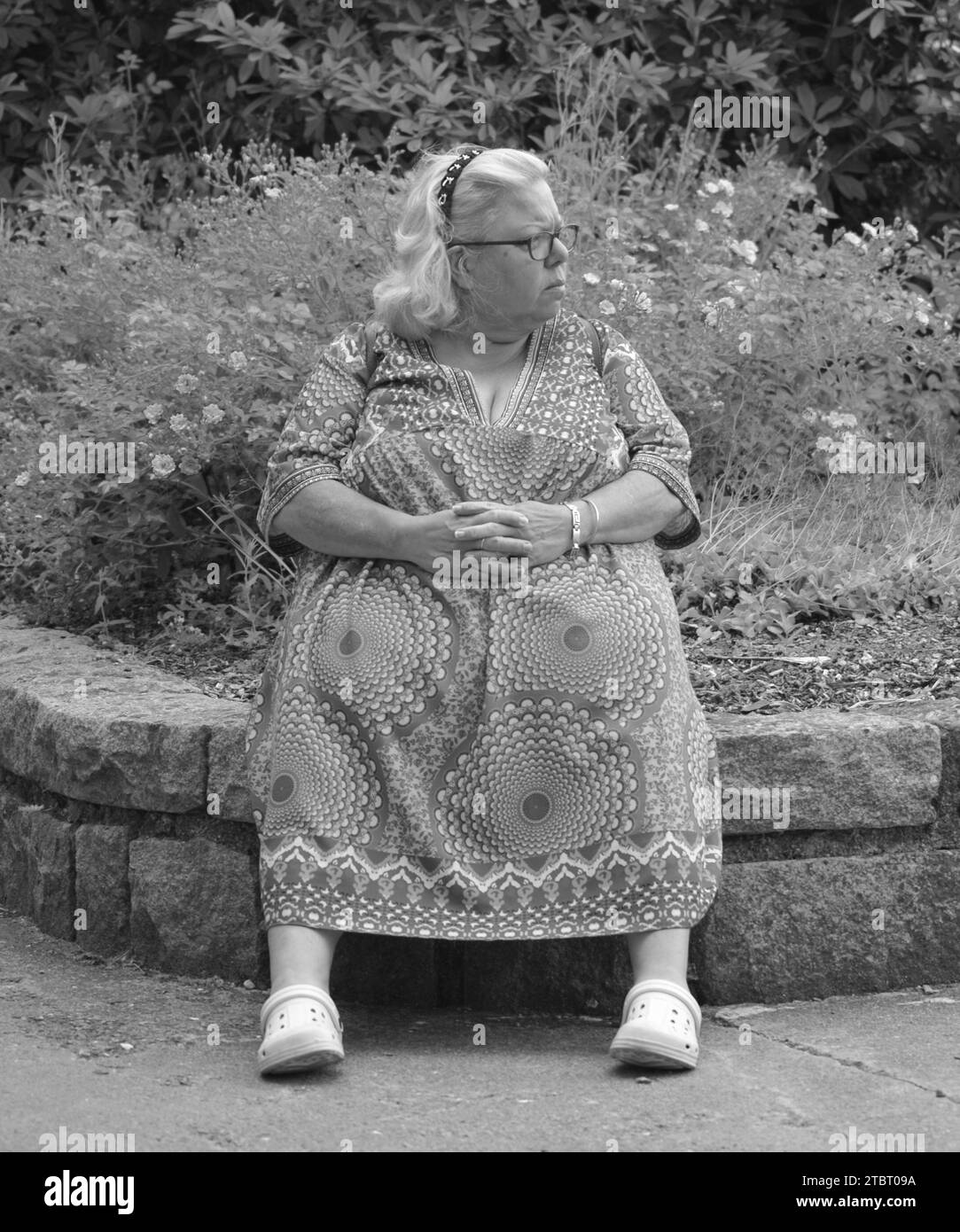 Portrait of Anxious Woman Waiting in Large Gaudy Dress, Black and White ...