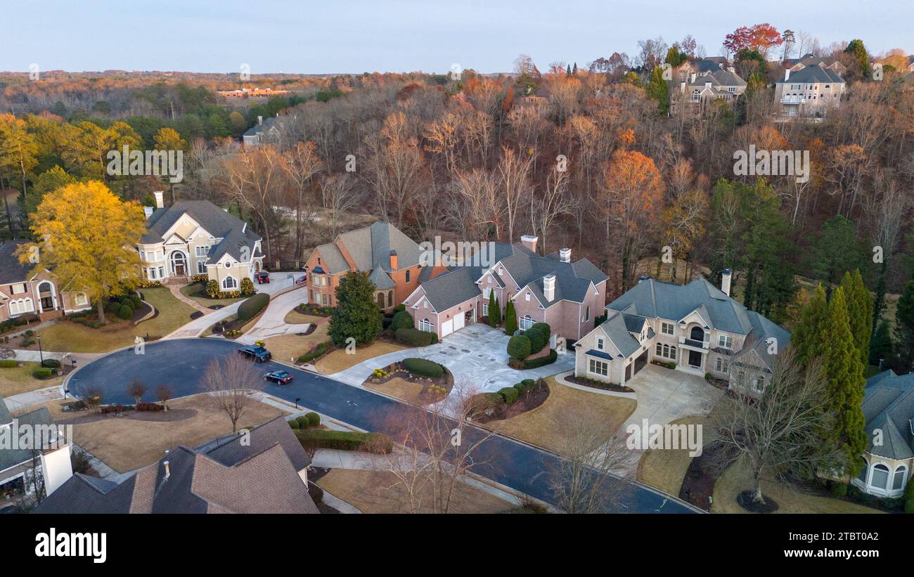 Aerial panoramic view of an upscale subdivision in suburbs of USA shot ...