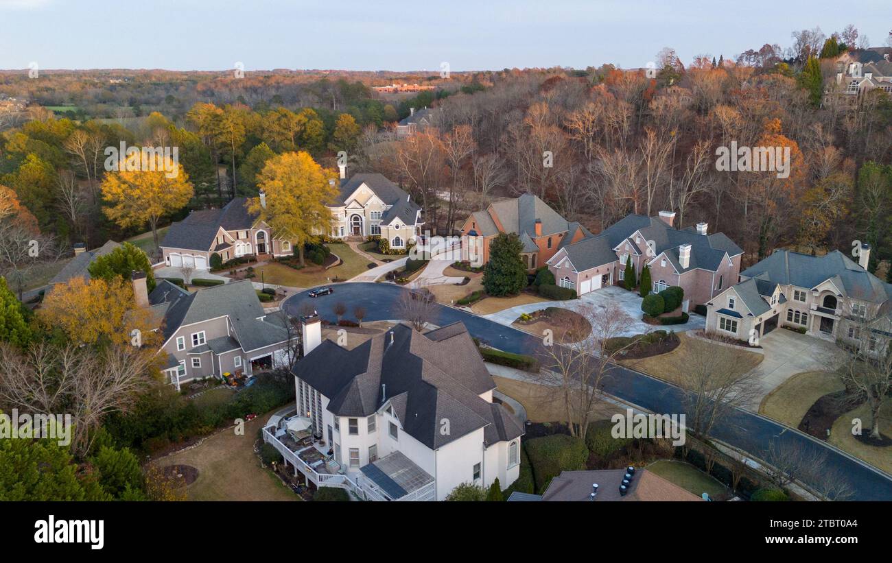 Aerial panoramic view of an upscale subdivision in suburbs of USA shot ...