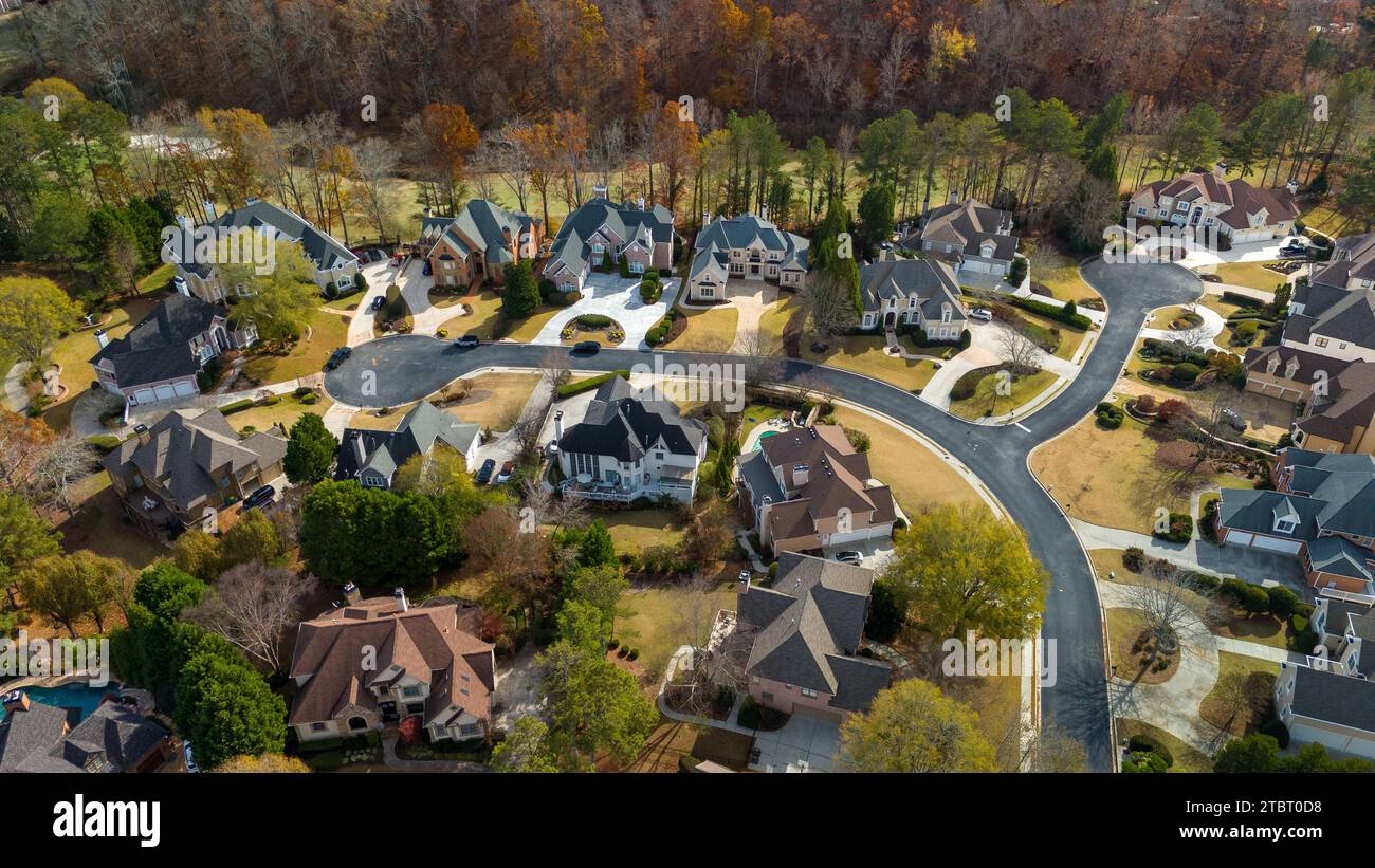 Aerial panoramic view of an upscale subdivision in suburbs of USA shot ...