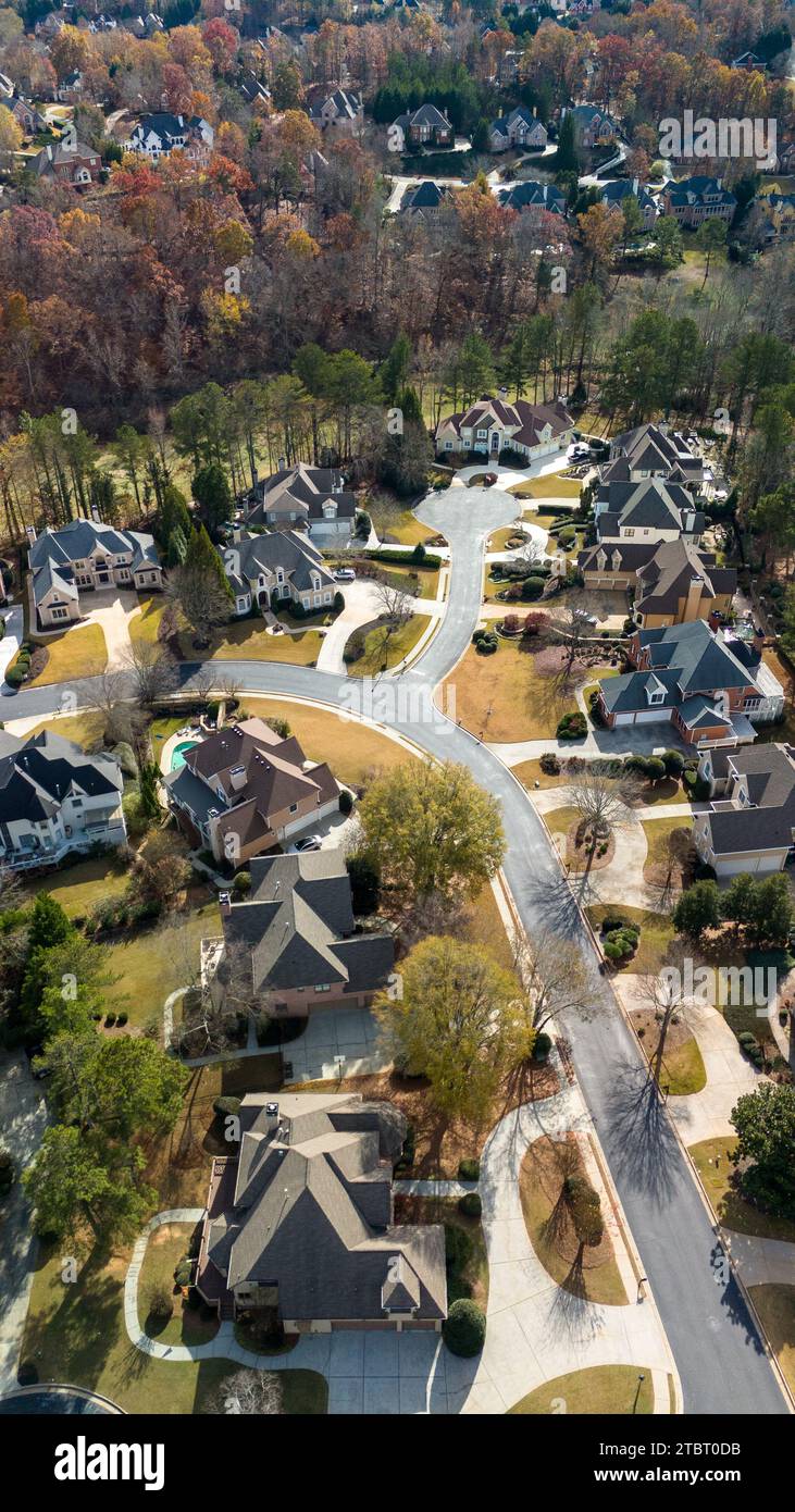 Aerial panoramic view of an upscale subdivision in suburbs of USA shot ...