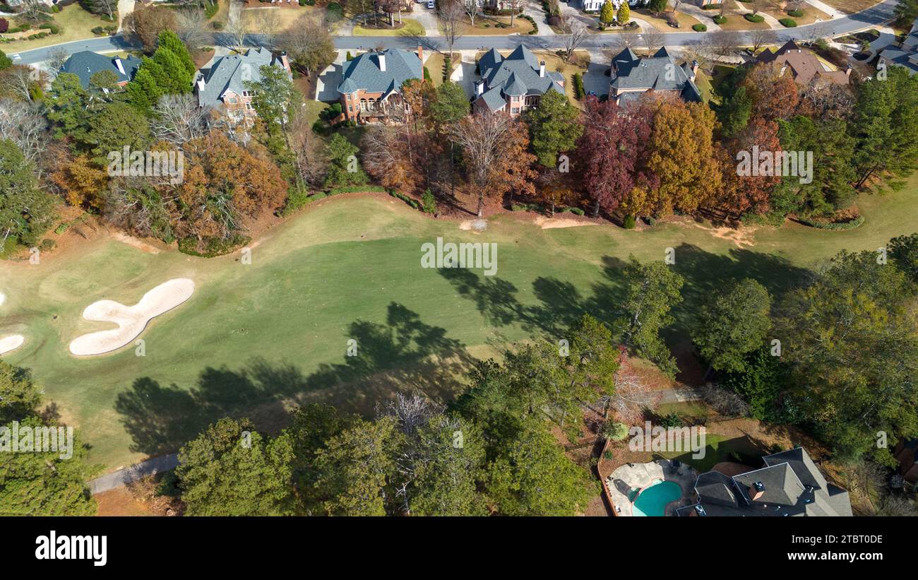 Aerial panoramic view of an upscale subdivision in suburbs of USA shot ...