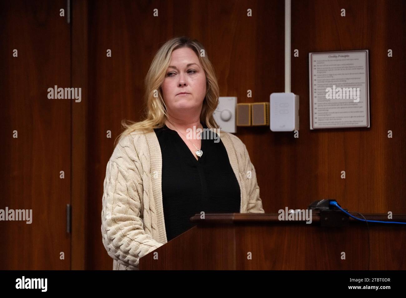 Jill Soave, the mother of Justin Shilling, looks towards Ethan Crumbley ...