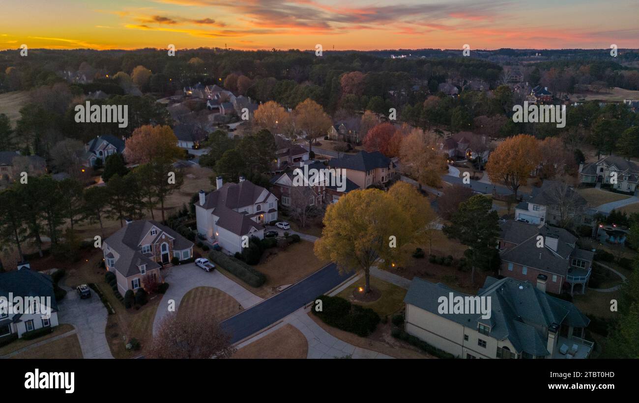 Aerial panoramic view of an upscale subdivision in suburbs of USA shot ...