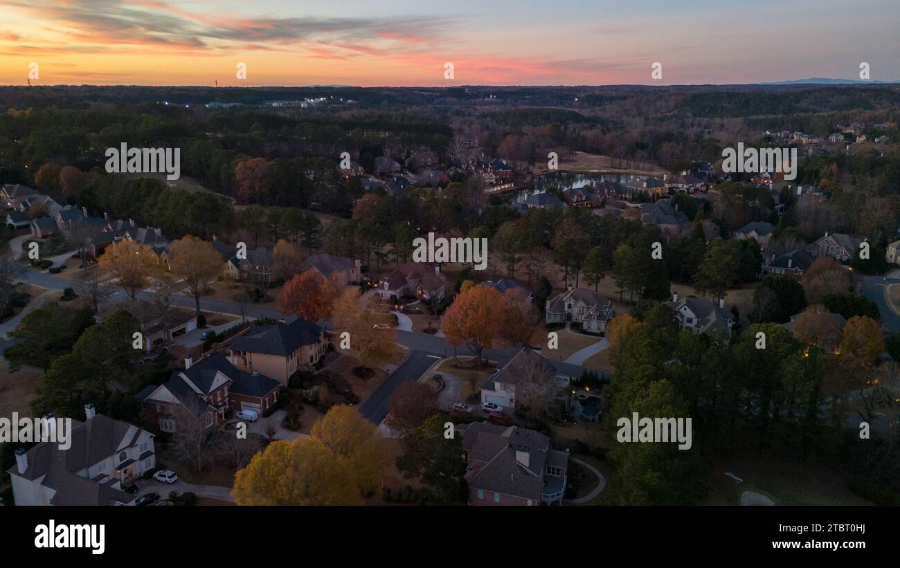 Aerial panoramic view of an upscale subdivision in suburbs of USA shot ...