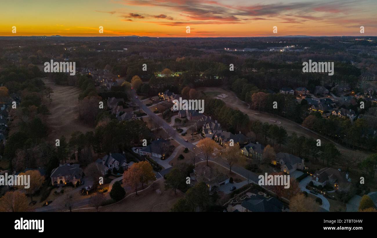 Aerial panoramic view of an upscale subdivision in suburbs of USA shot ...