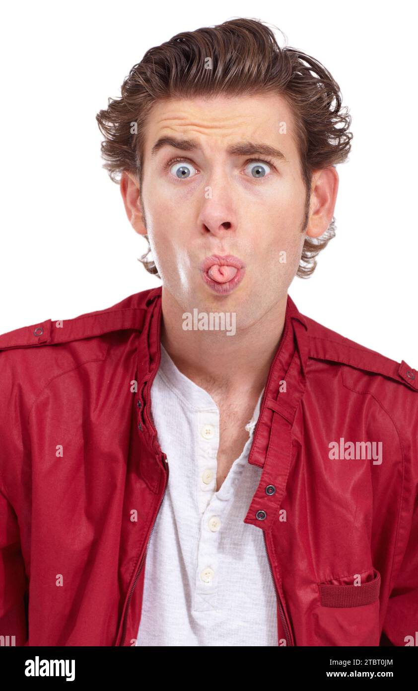 Silly, tongue out and portrait of a man with funny joke and comedy face ...
