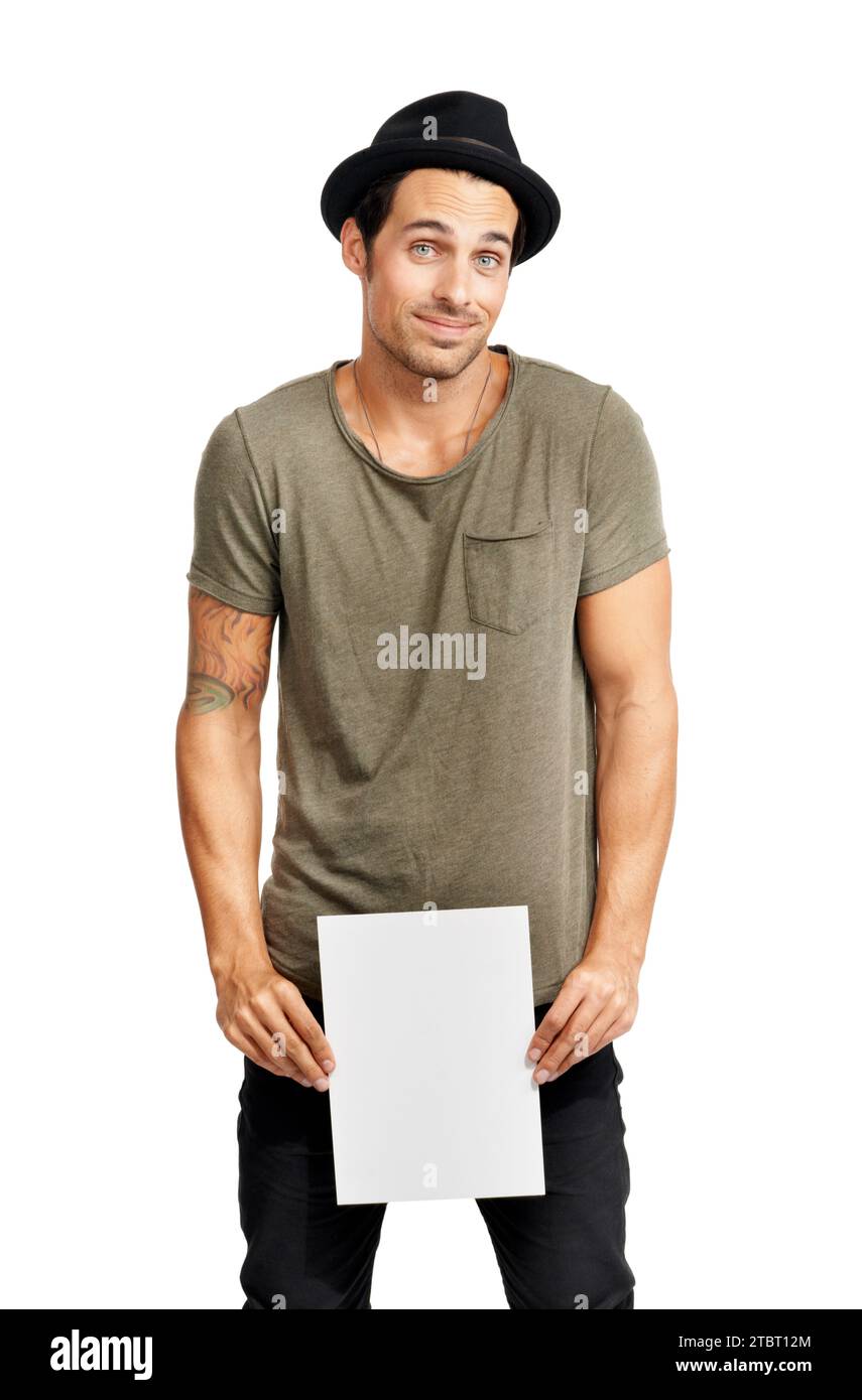 Man, portrait and poster mockup in studio for information news ...