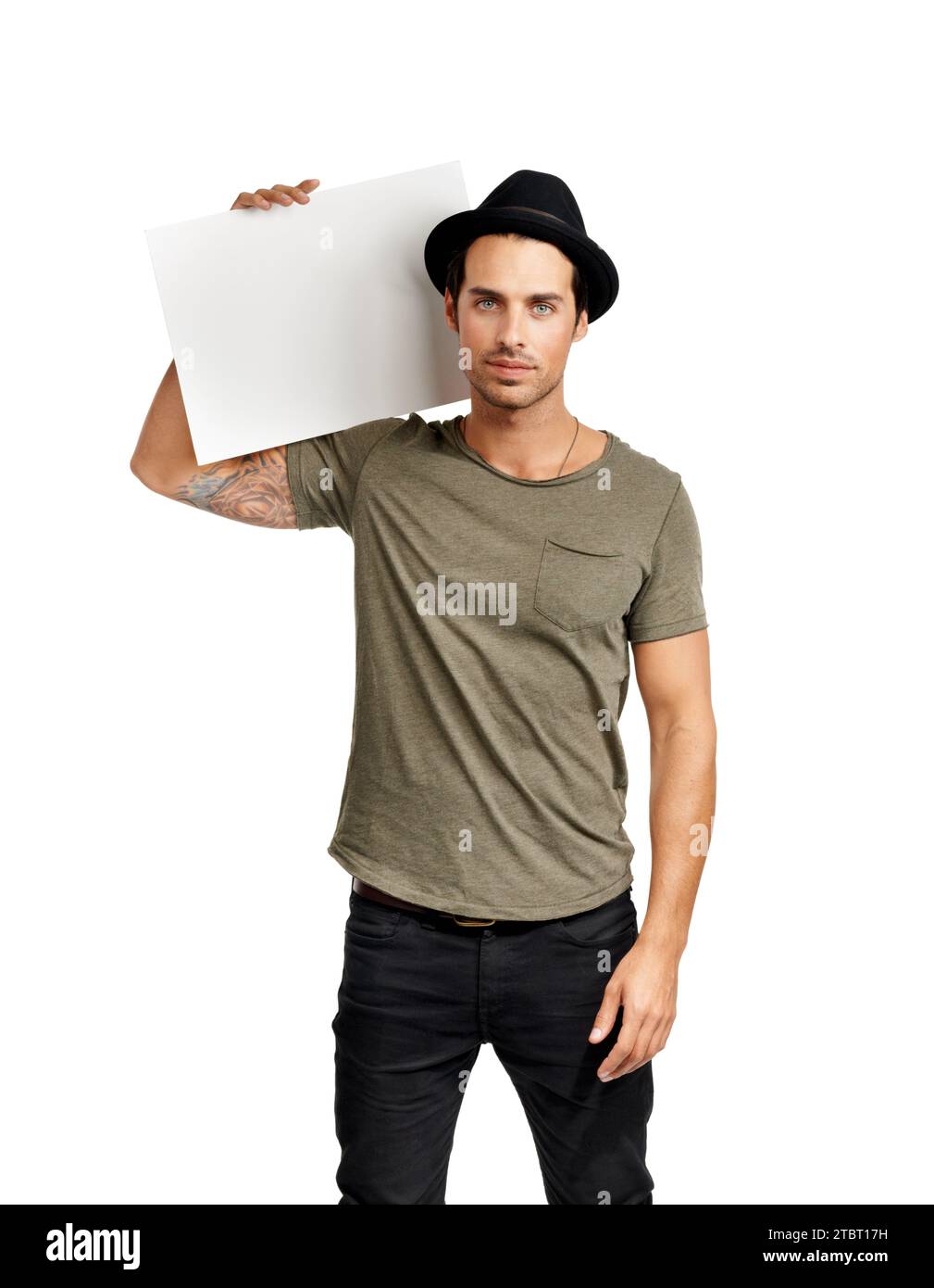 Man, portrait and poster mockup in studio for advertising fashion ...