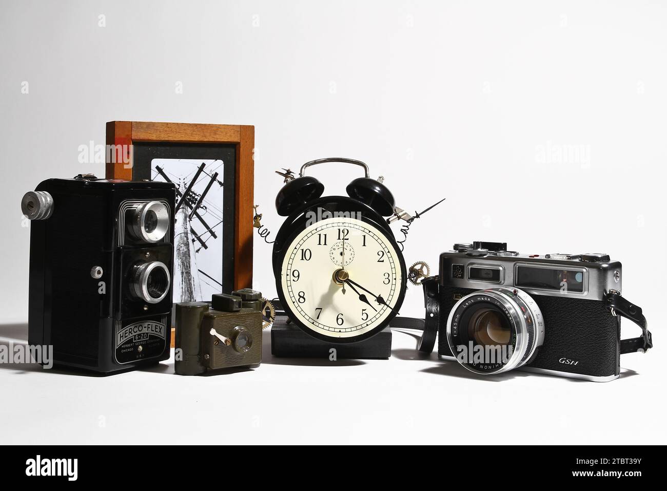 Vintage Camera Collection with Analog Clock and Artistic Photo on White ...
