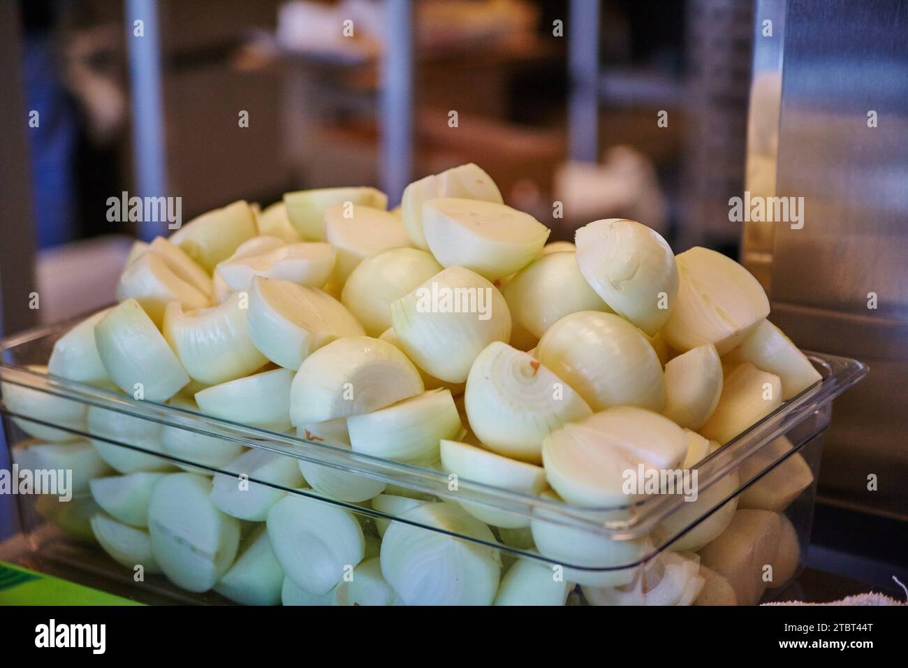 Freshly Sliced Onions in Commercial Kitchen, Close-up Stock Photo - Alamy