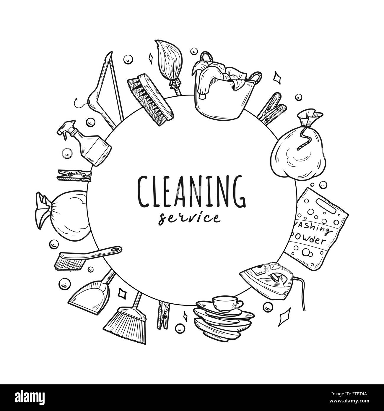 Hand drawn set of cleaning equipments, sponge, spray, broom, bucket in ...