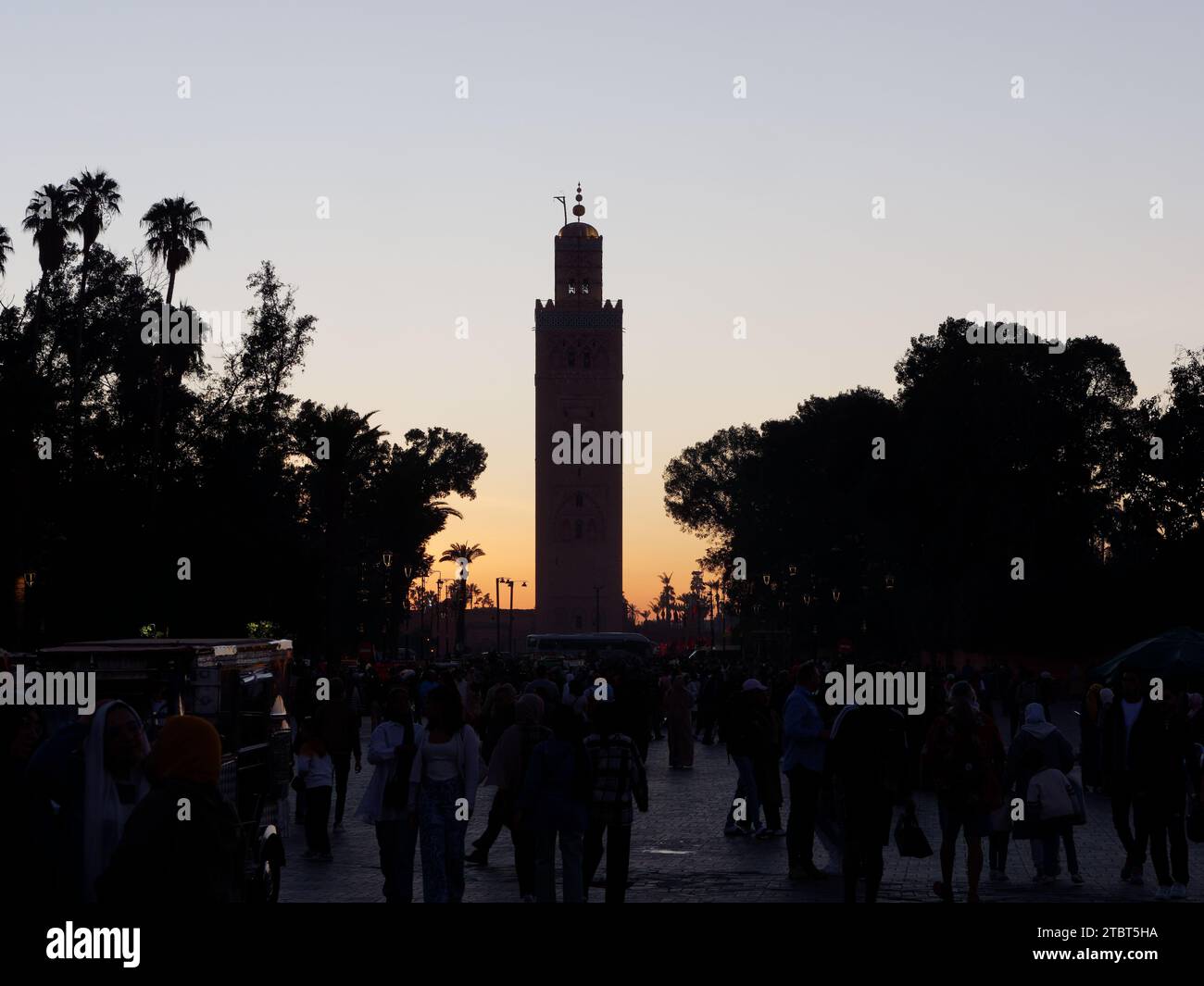 Koutoubia Mosque surrounded by trees at sunset in silhouette in the ...
