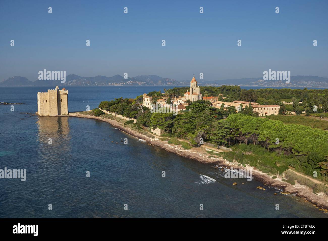 Aerial view of Lérins Abbey monastery on the Ile Saint-Honorat in the ...