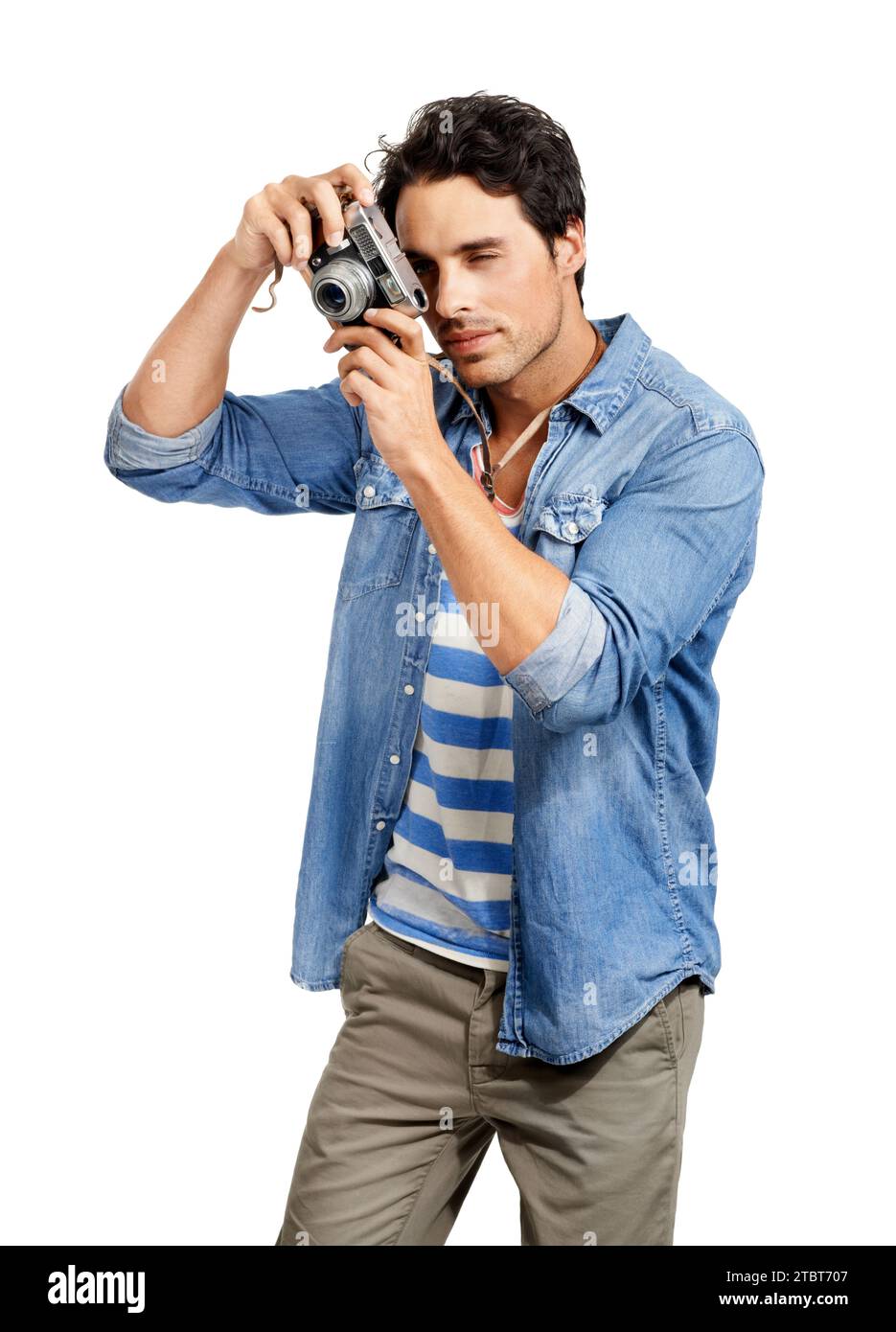 Handsome man, photographer and camera for picture moment, shot or ...