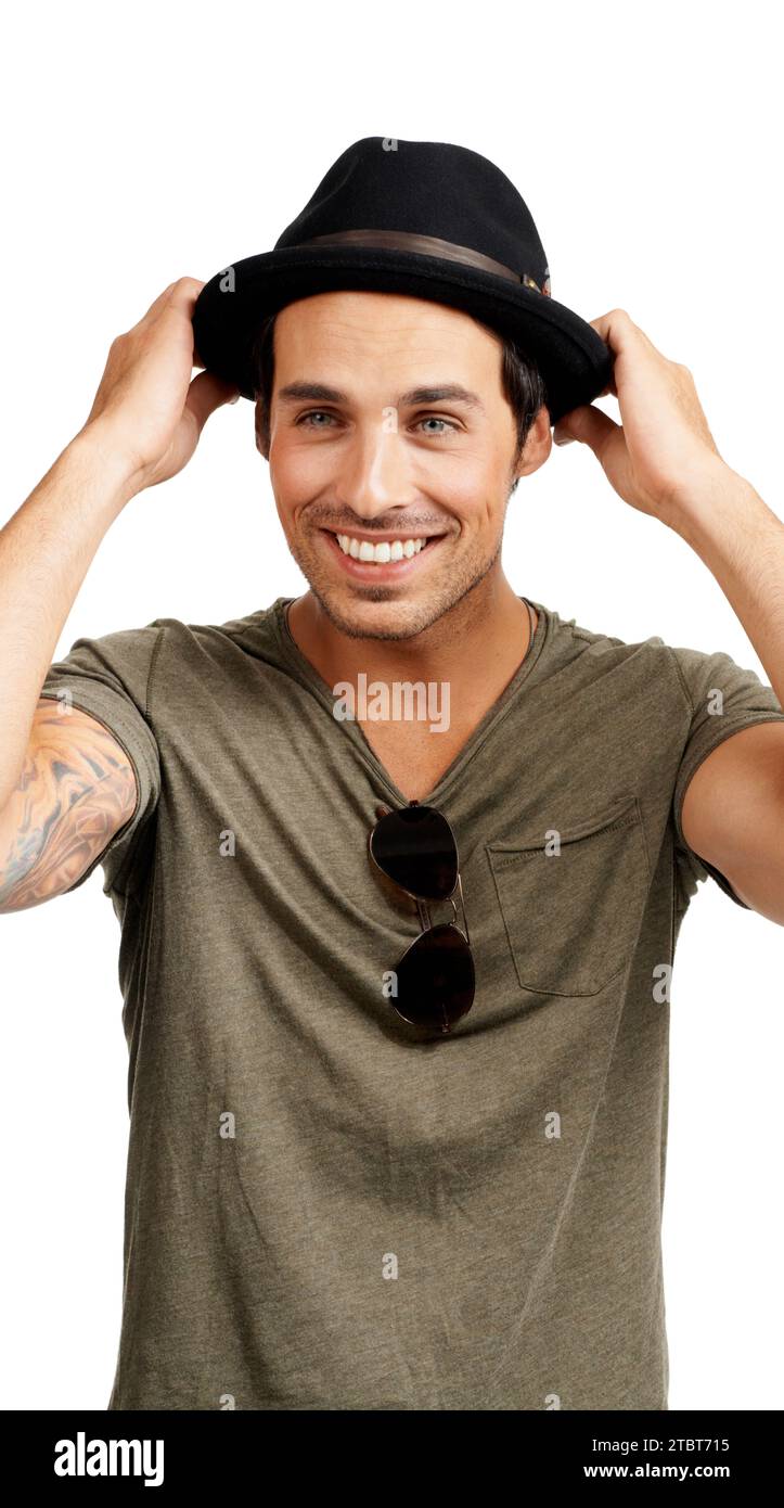 Happy man, hat and fashion in style for cool, mindset or positive ...