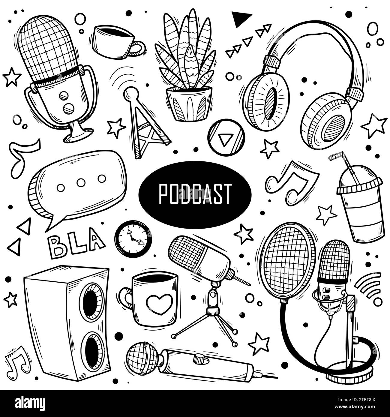 Podcast hand drawn doodles with microphone, headset, shout, on air sign ...