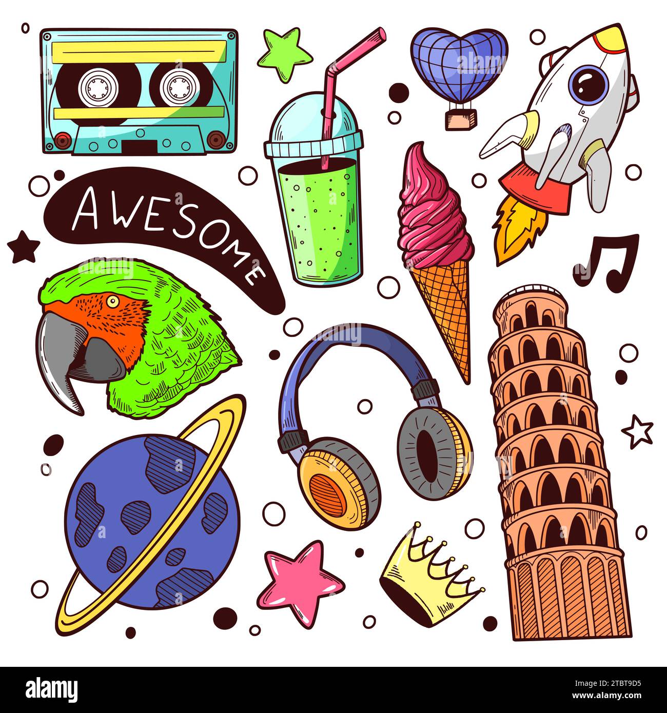 Doodle stickers. Hand drawn set with cassette, cup of tea, matcha ...