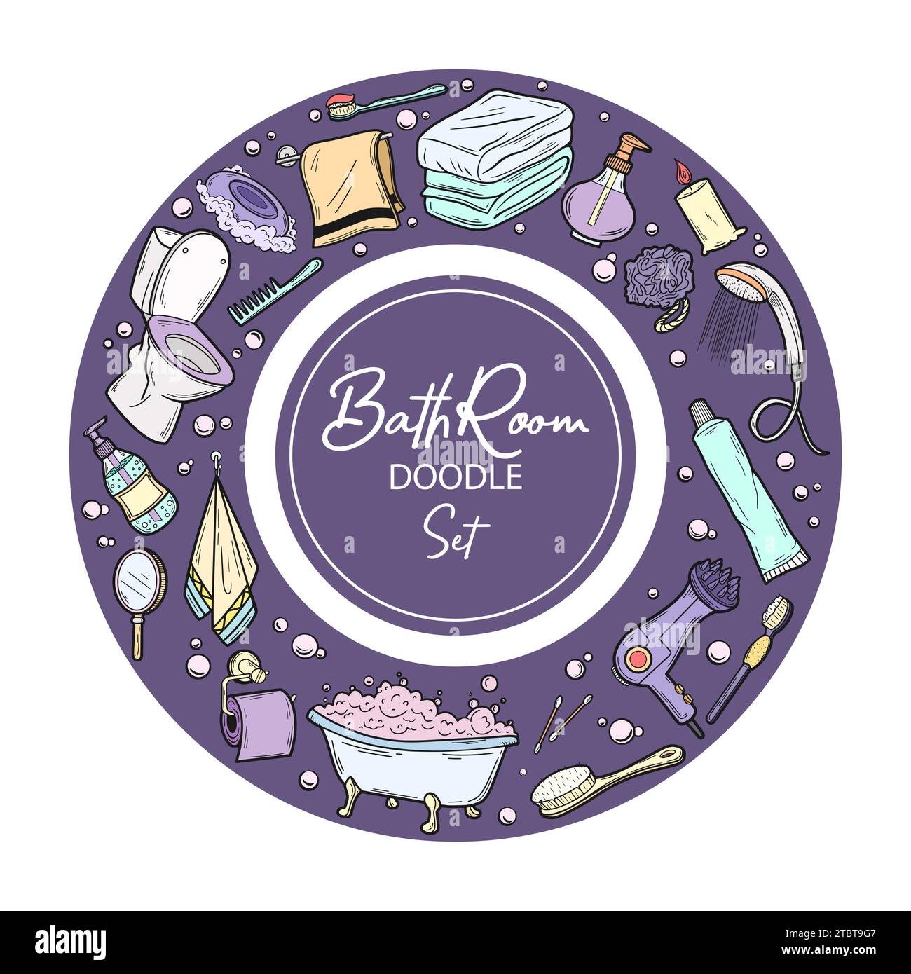 Hand drawn color Bathroom icons set. Vector illustration home bath ...