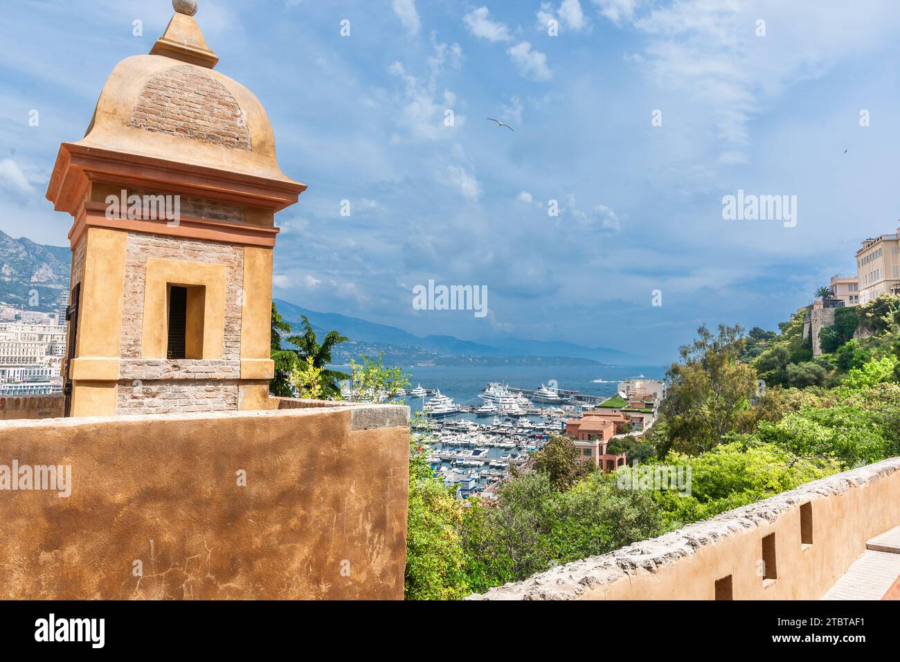 Monte Carlo bay and landscape from fort parapet showing luxury boats in marina Monaco Stock ...